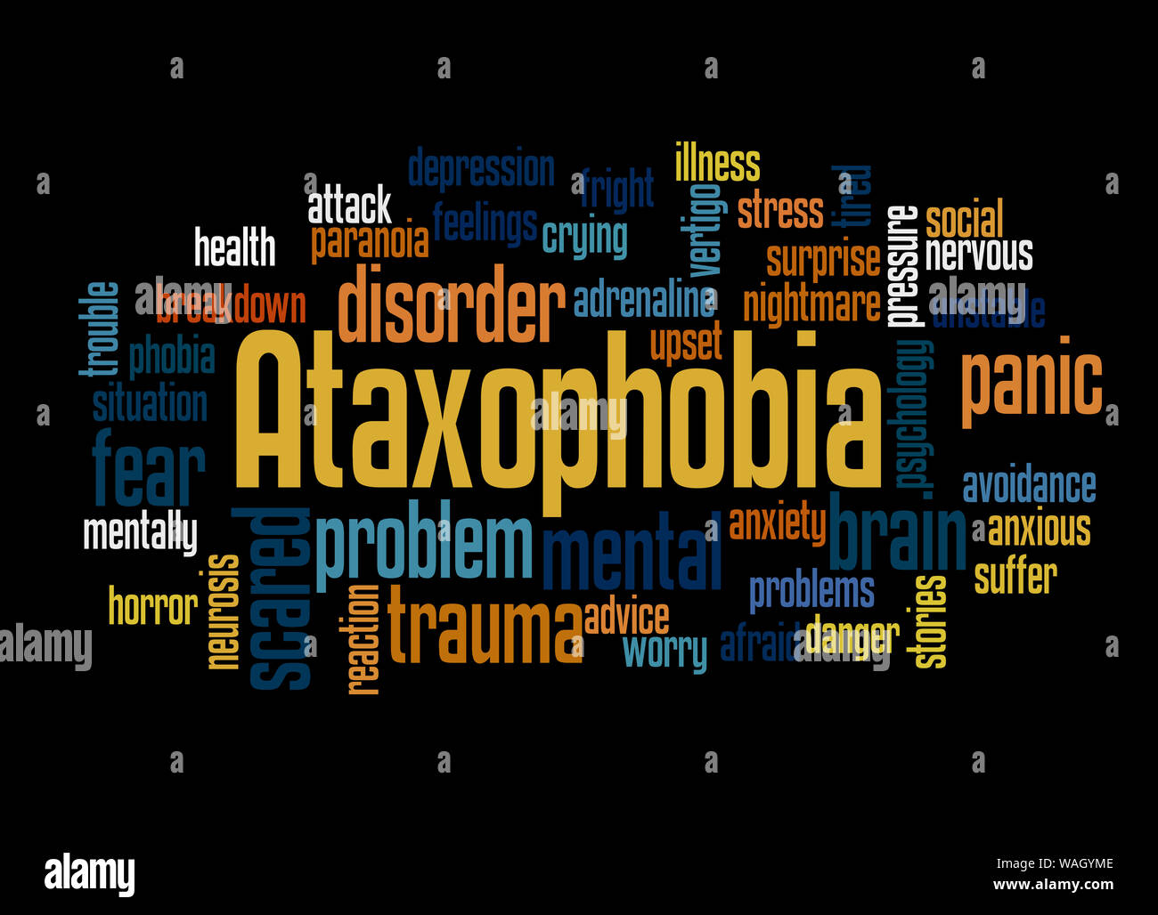 Ataxophobia fear of disorder or untidiness word cloud concept on black ...