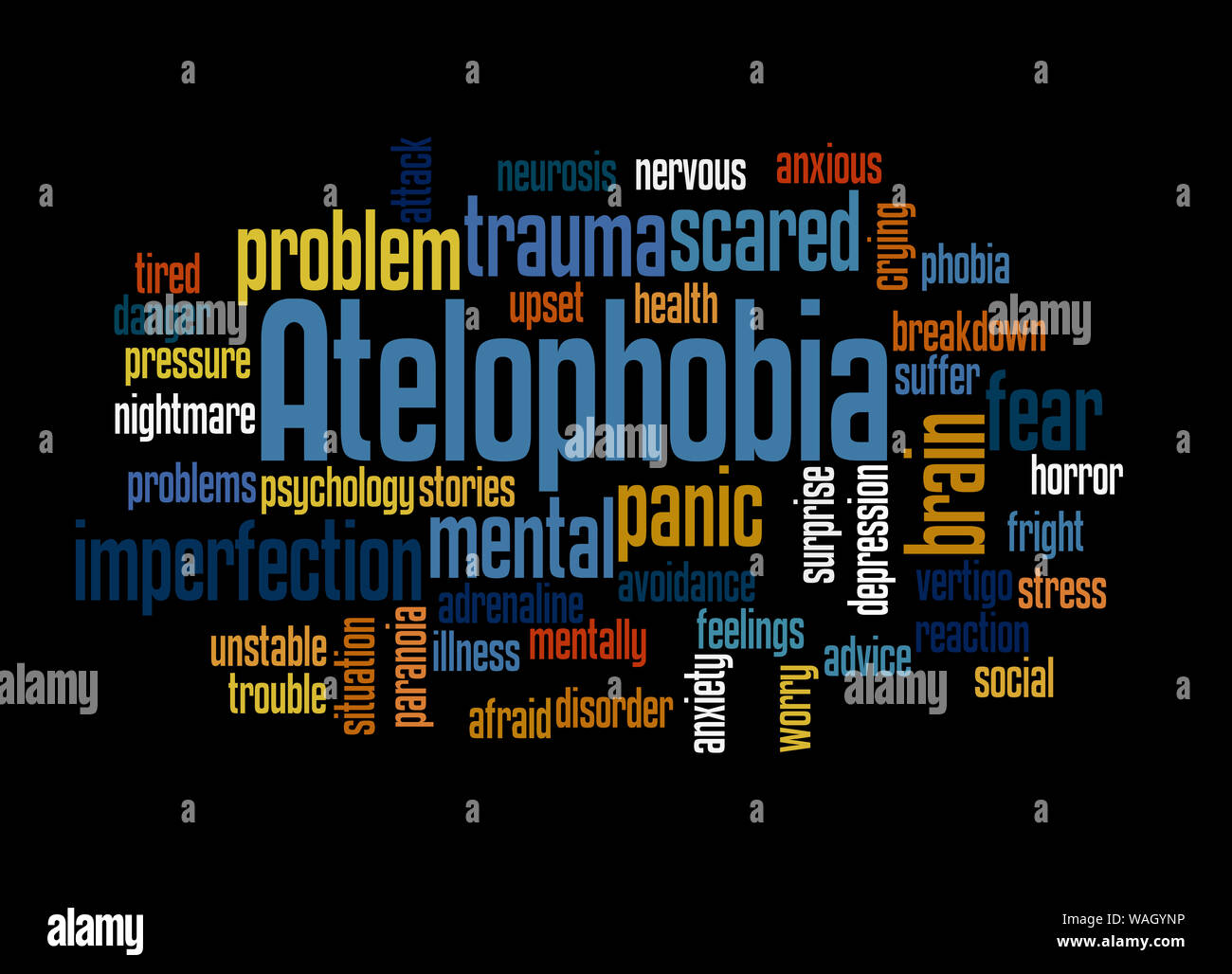 Atelophobia fear of imperfection word cloud concept on black background ...