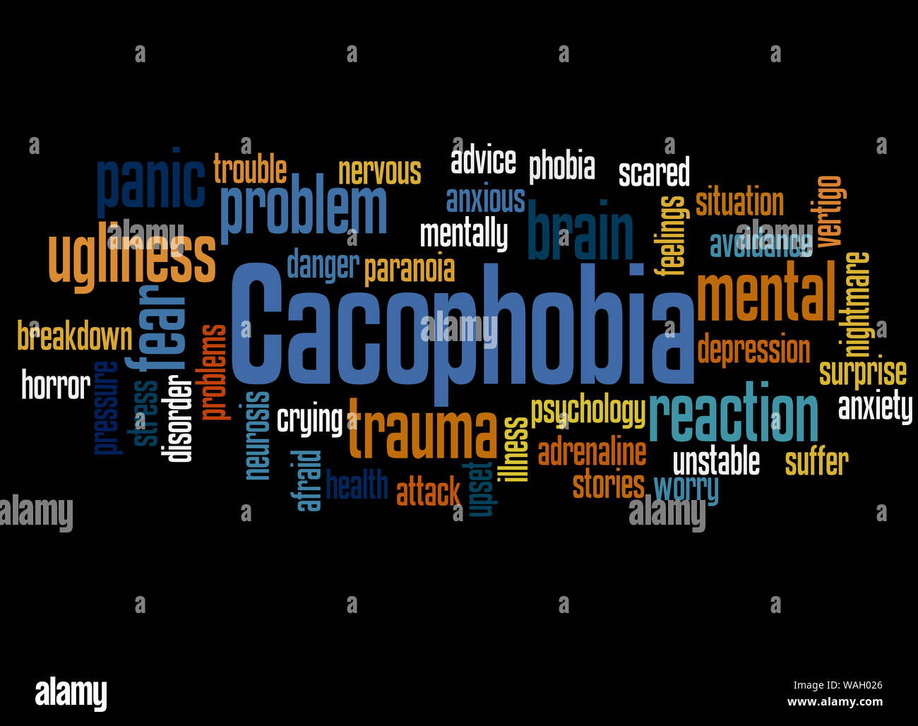 Cacophobia fear of ugliness word cloud concept on black background ...