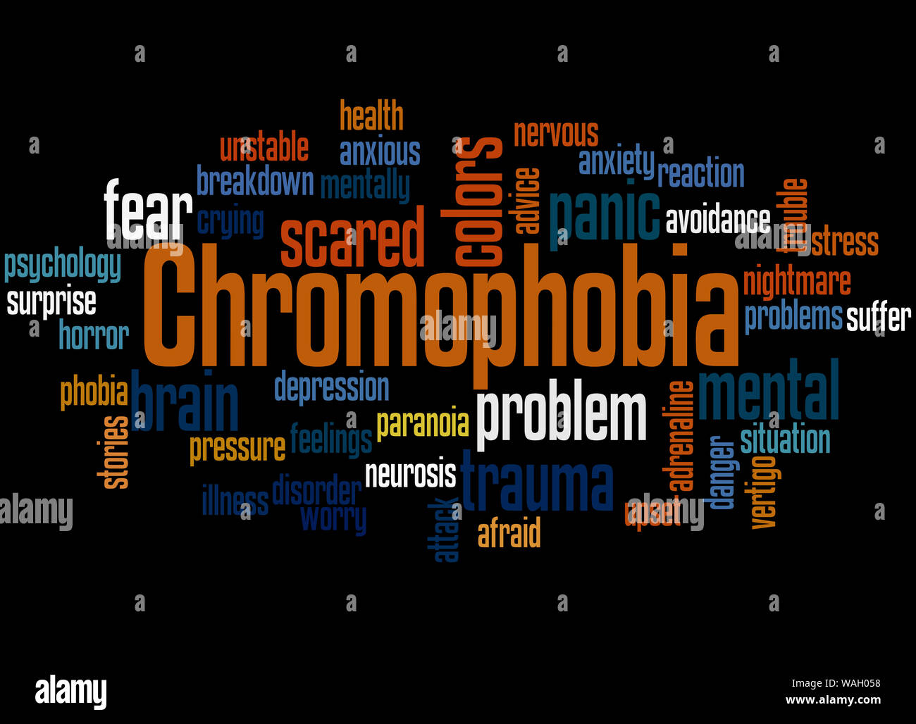 Chromophobia fear of colors word cloud concept on black background ...