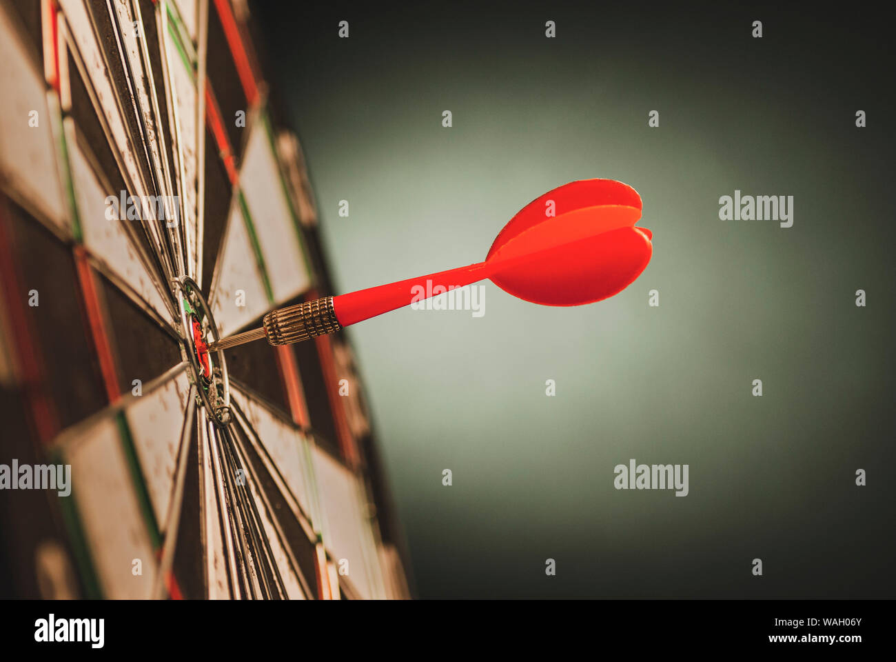 Single red dart in the bulls eye center of a target or darts board in a ...