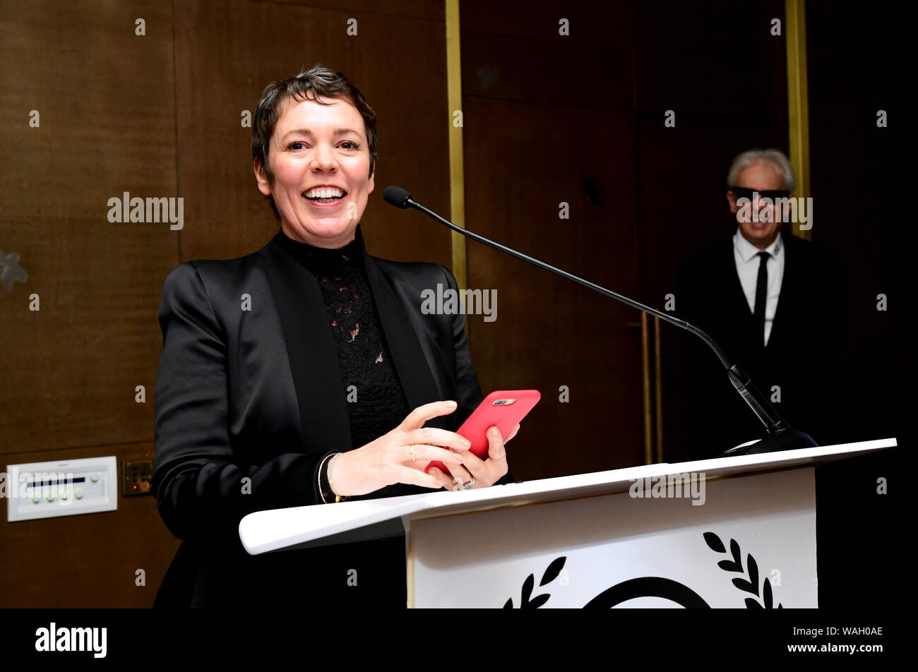 Olivia Colman gives an acceptance speech after receiving the Raindance ...