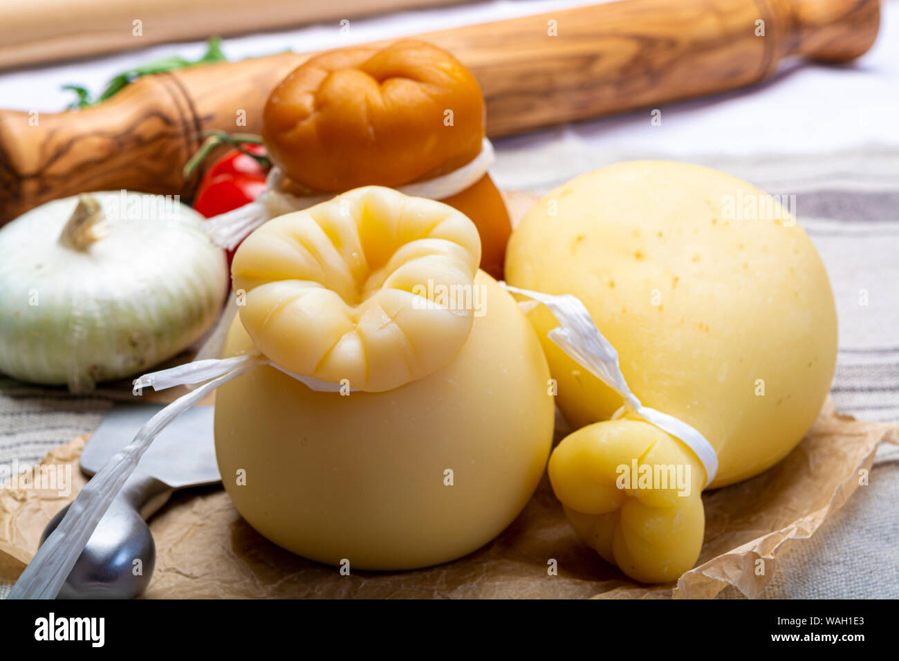 Cheese collection, Italian provolone or provola caciocavallo hard and ...