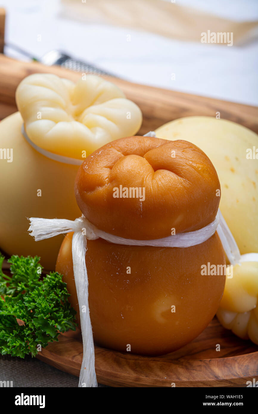 Cheese collection, Italian provolone or provola caciocavallo hard and ...