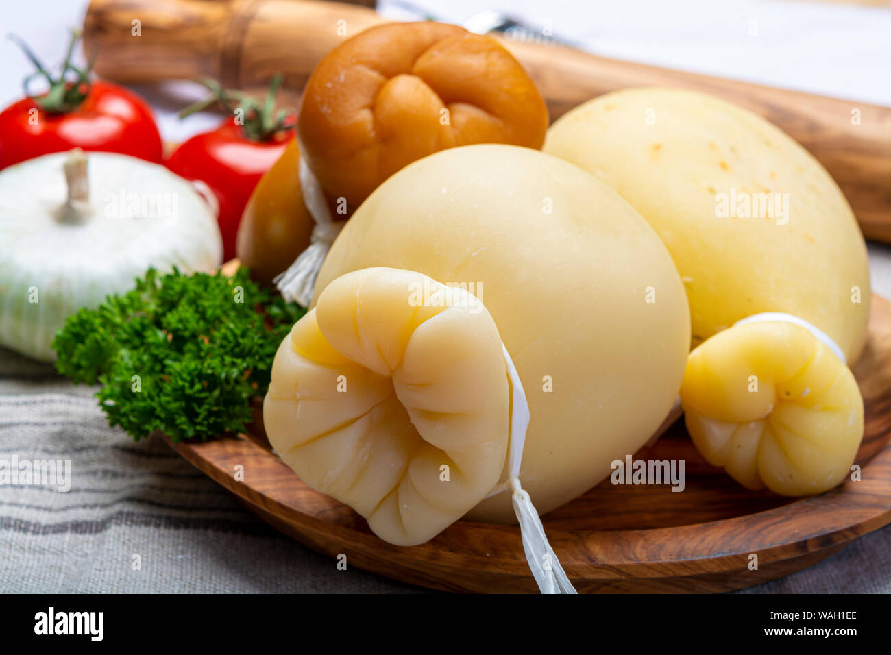 Cheese collection, Italian provolone or provola caciocavallo hard and ...