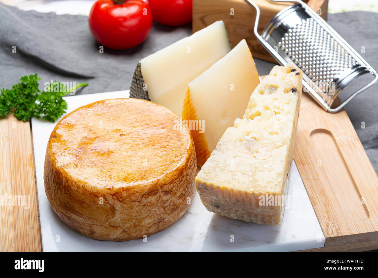 Cheese collection, Variety of Italian pecorino cheeses, aged with black ...
