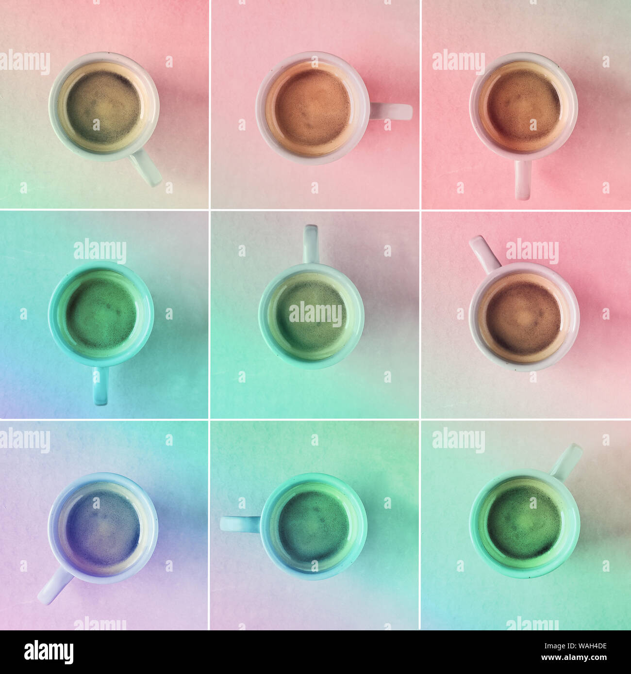 Coffee cups in bold colors, photo collage in colorful pop art style ...