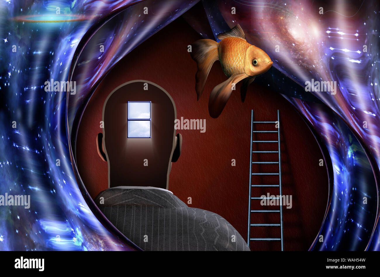 Surrealism. Man's head with open window to another world. Ladder ...