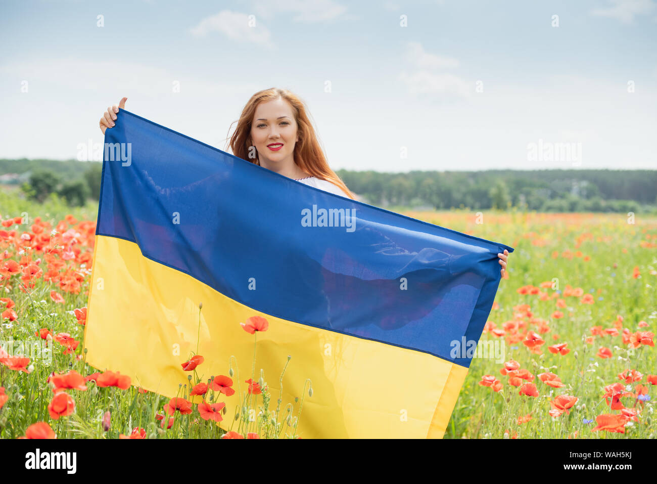 Girl carries fluttering blue and yellow flag of Ukraine in field ...