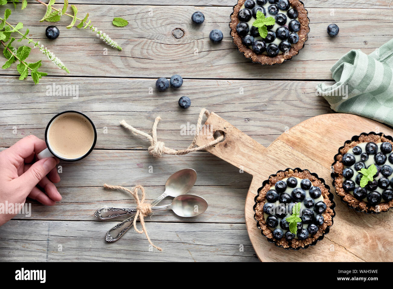 Flat lay of delicious Blueberry tartlets with vanilla custard cream ...