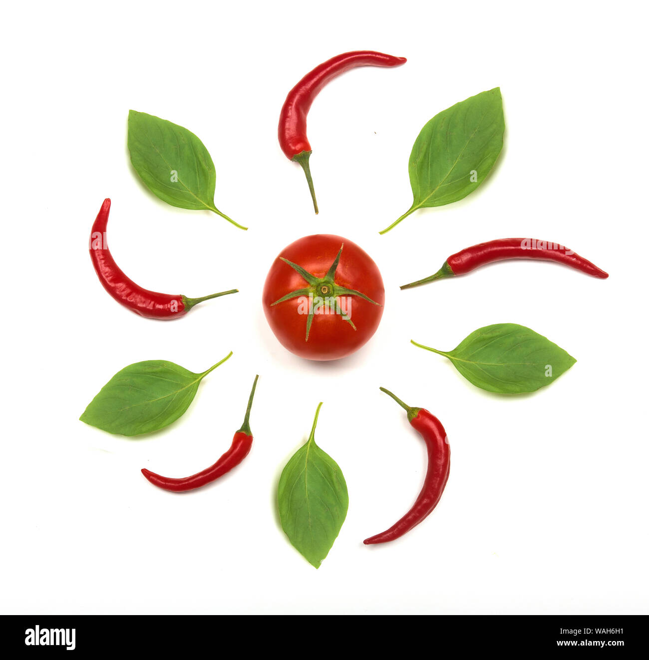 Circle ornament with organic food of tomatoes, chilli and basil ...