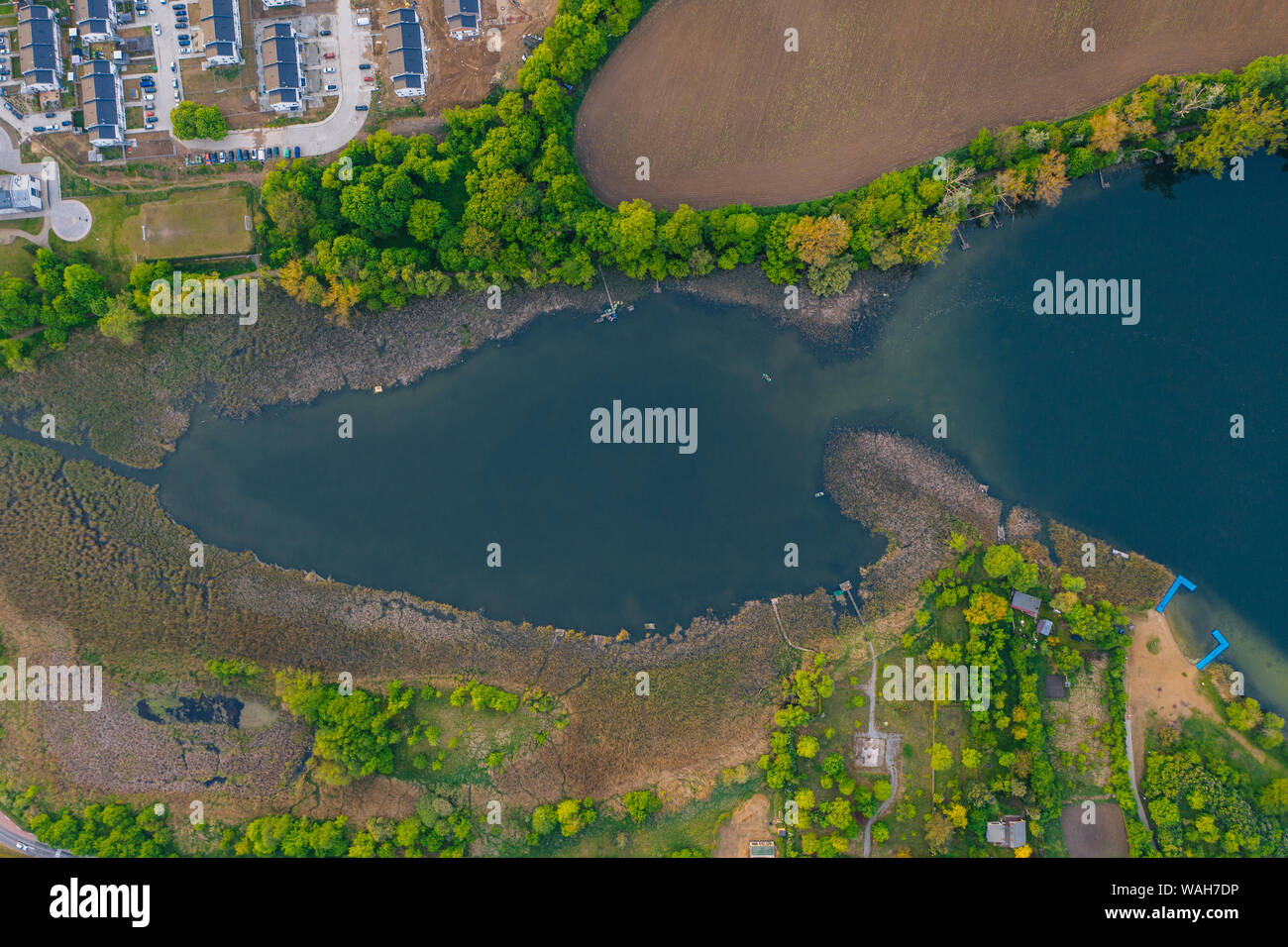 Aerial drone photography of a lake landscape during sunset. Beautiful ...