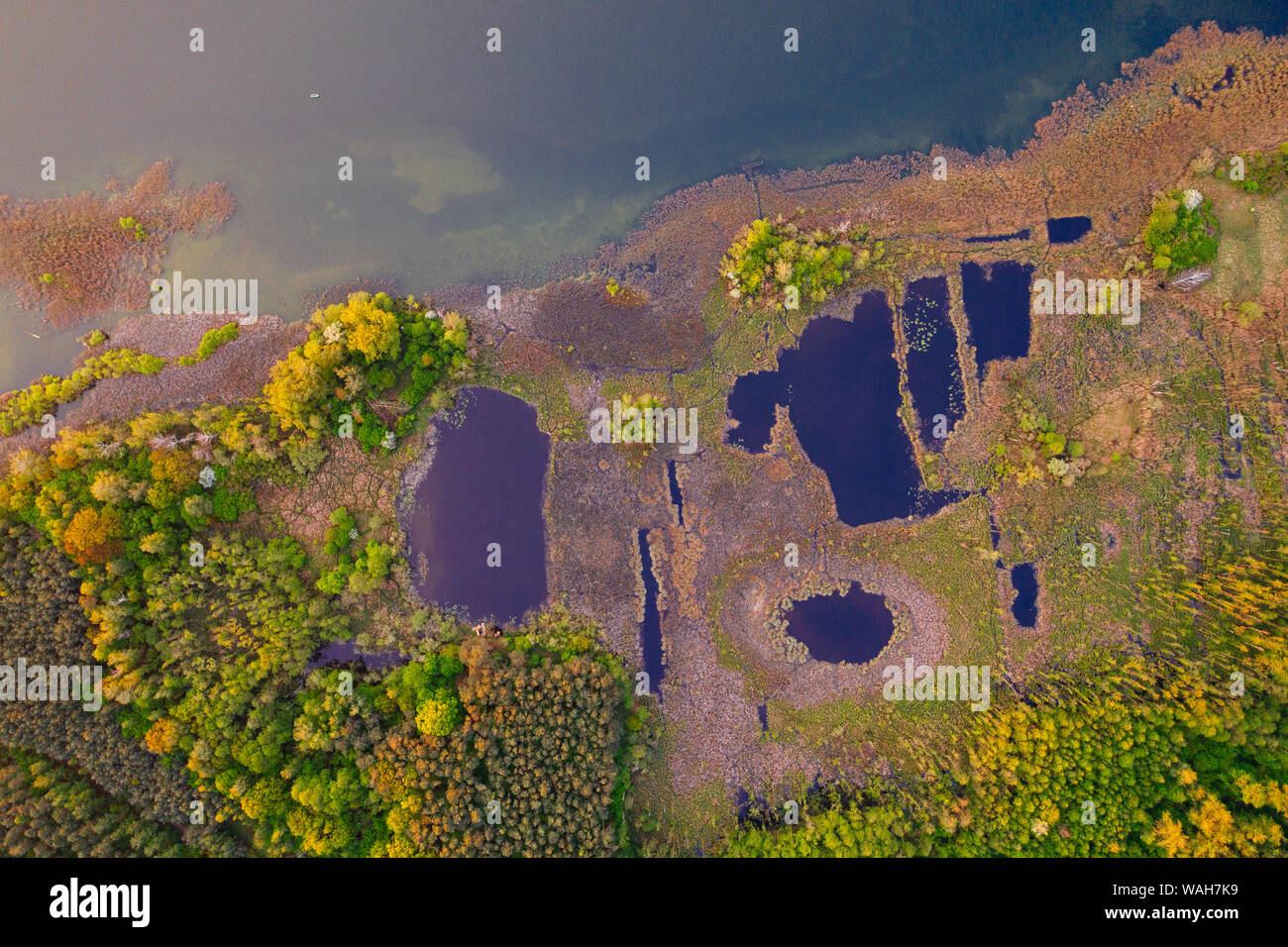 Aerial drone photography of a lake landscape during sunset. Beautiful ...