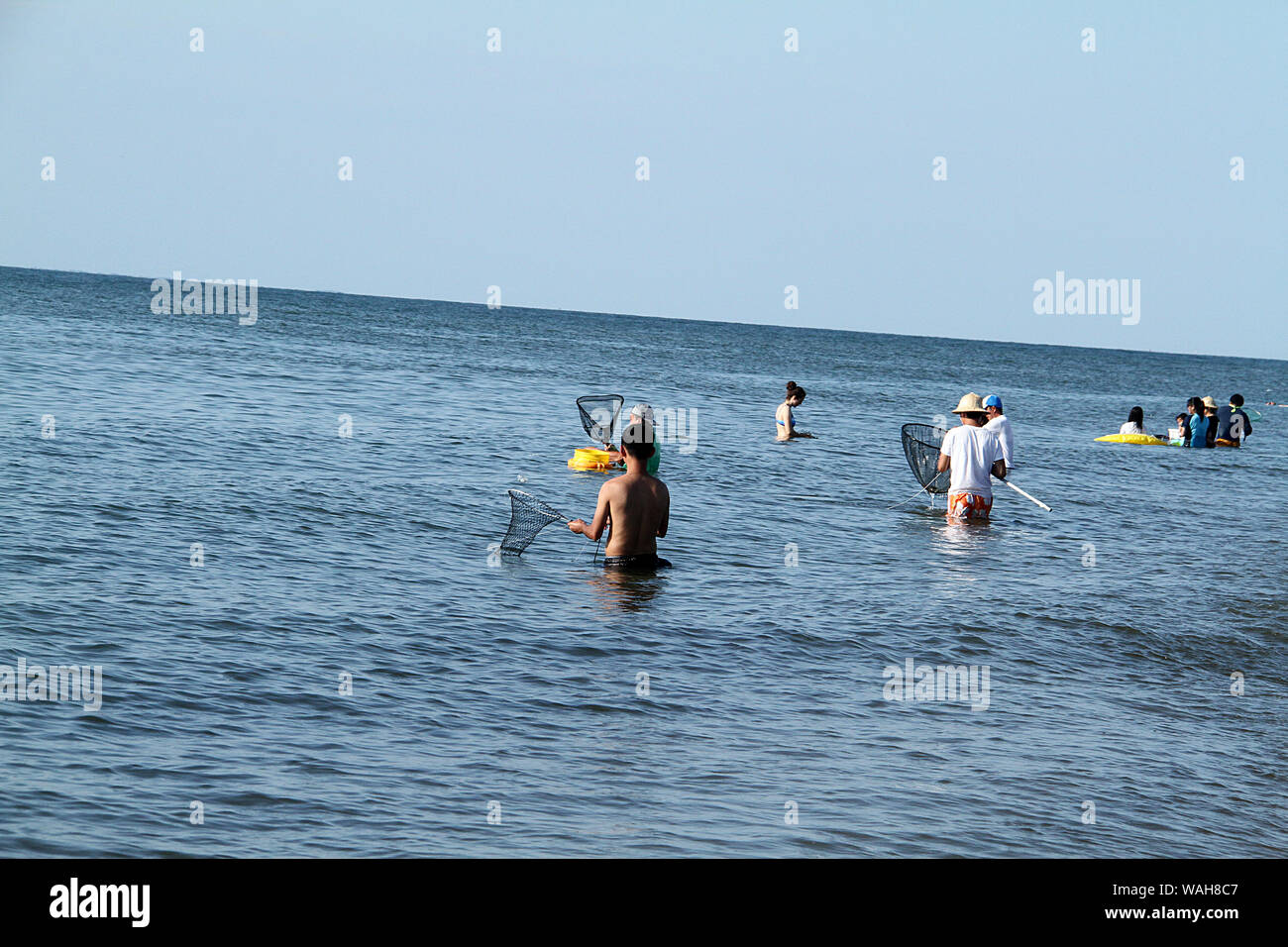 Group of people with fishing nets catching crabs at Virginia Beach, USA ...