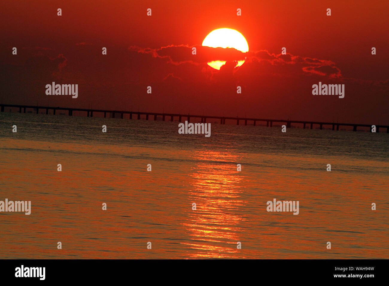 Virginia Beach, USA. Sunset with view of Chesapeake Bay Bridge–Tunnel ...