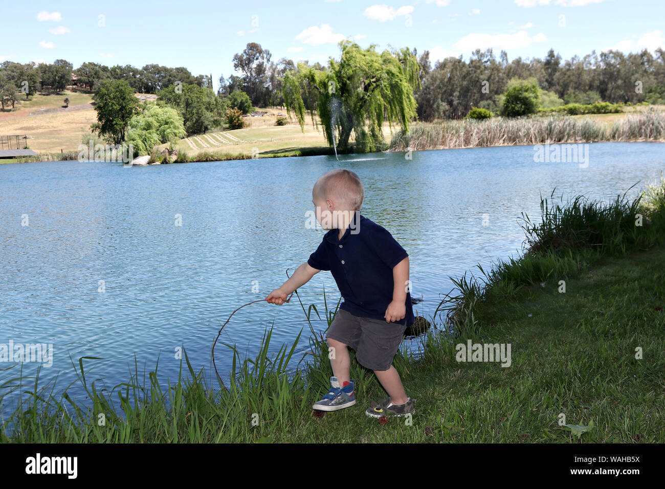 Kids having fun and playing in a rural pond Stock Photo - Alamy