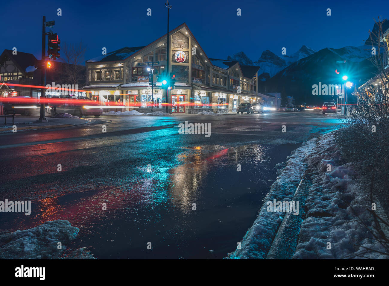 Canmore Main Street at Night Stock Photo - Alamy