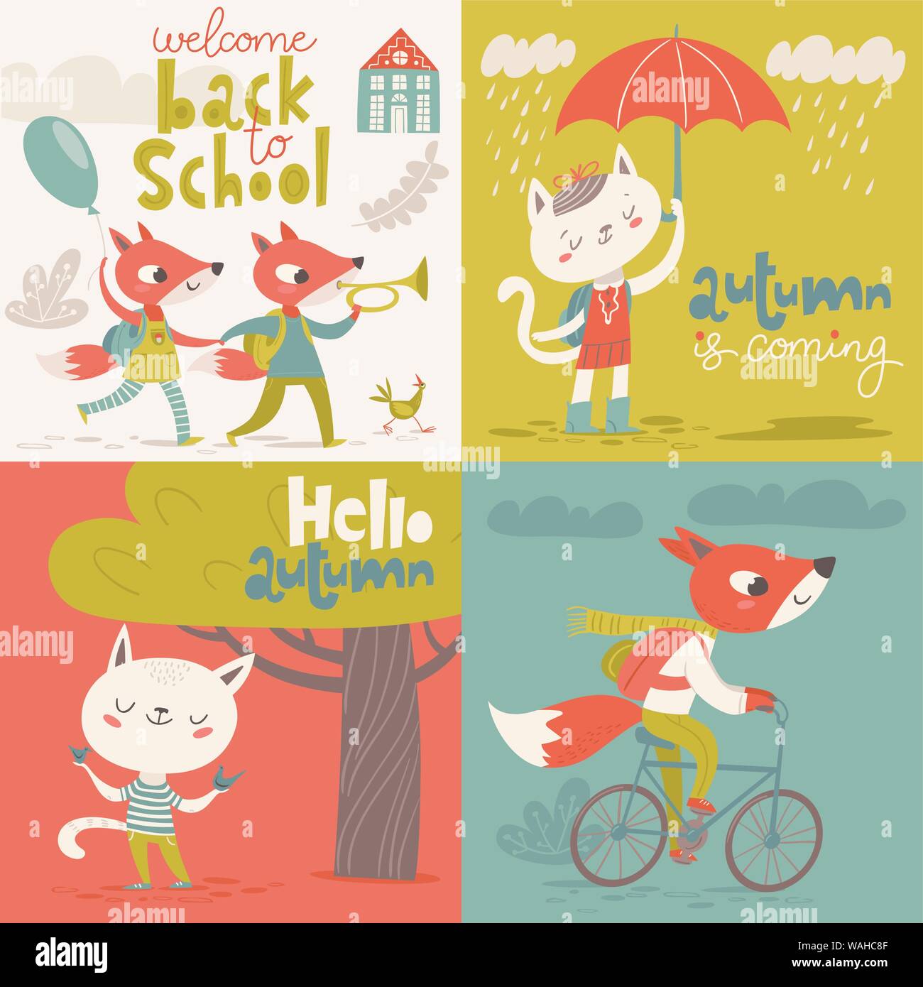 Set of four vector vintage style welcome back to school designs with ...