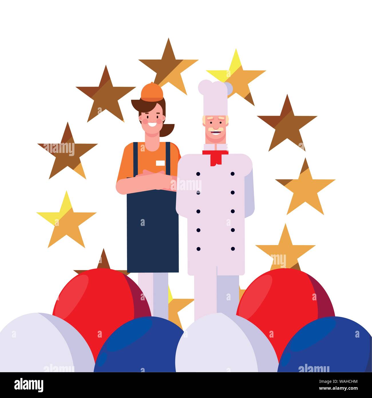 happy labor day - chef and seller woman balloons and golden stars ...