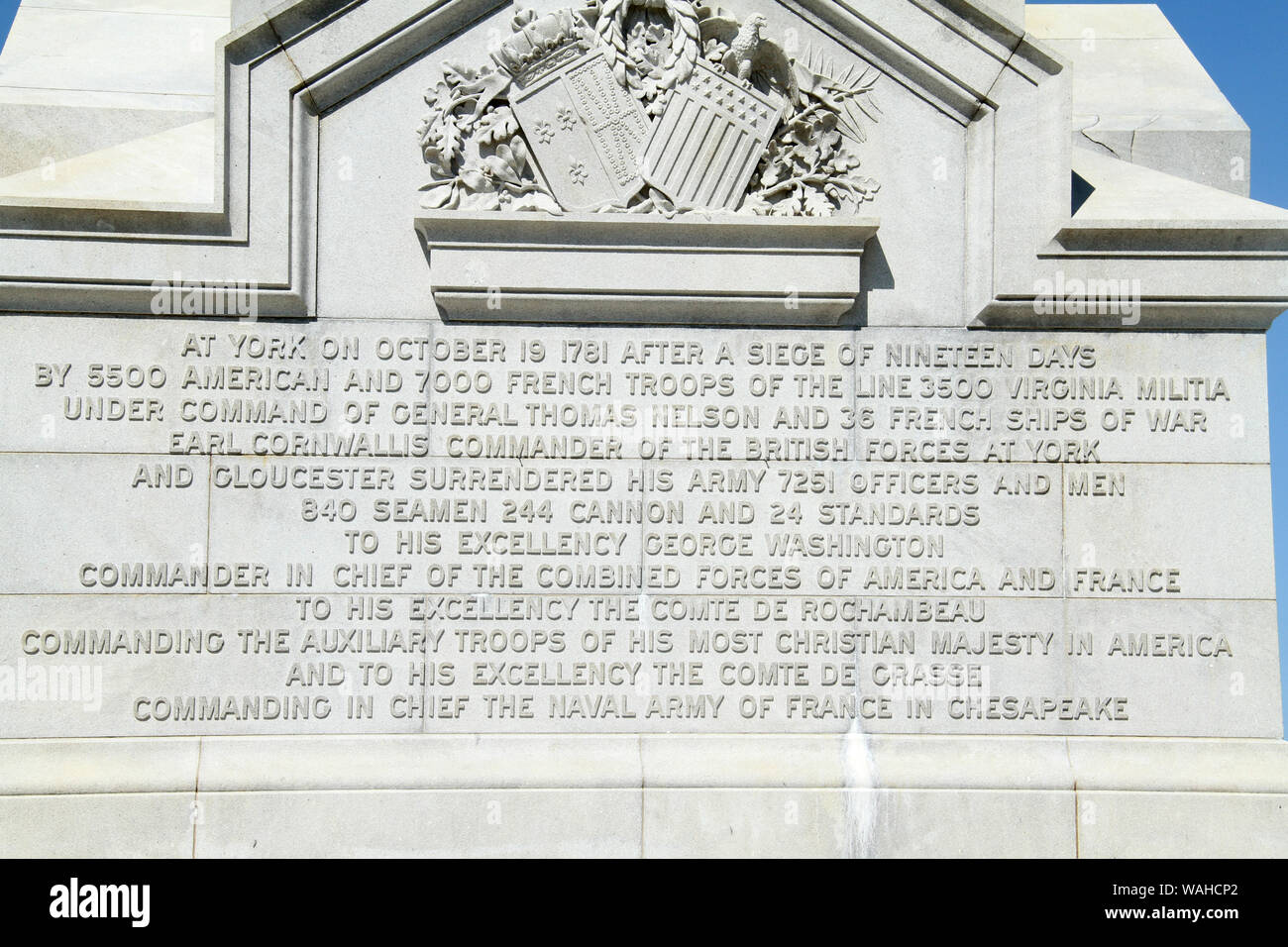 Yorktown, Virginia, USA. Inscription on the Yorktown Victory Monument ...