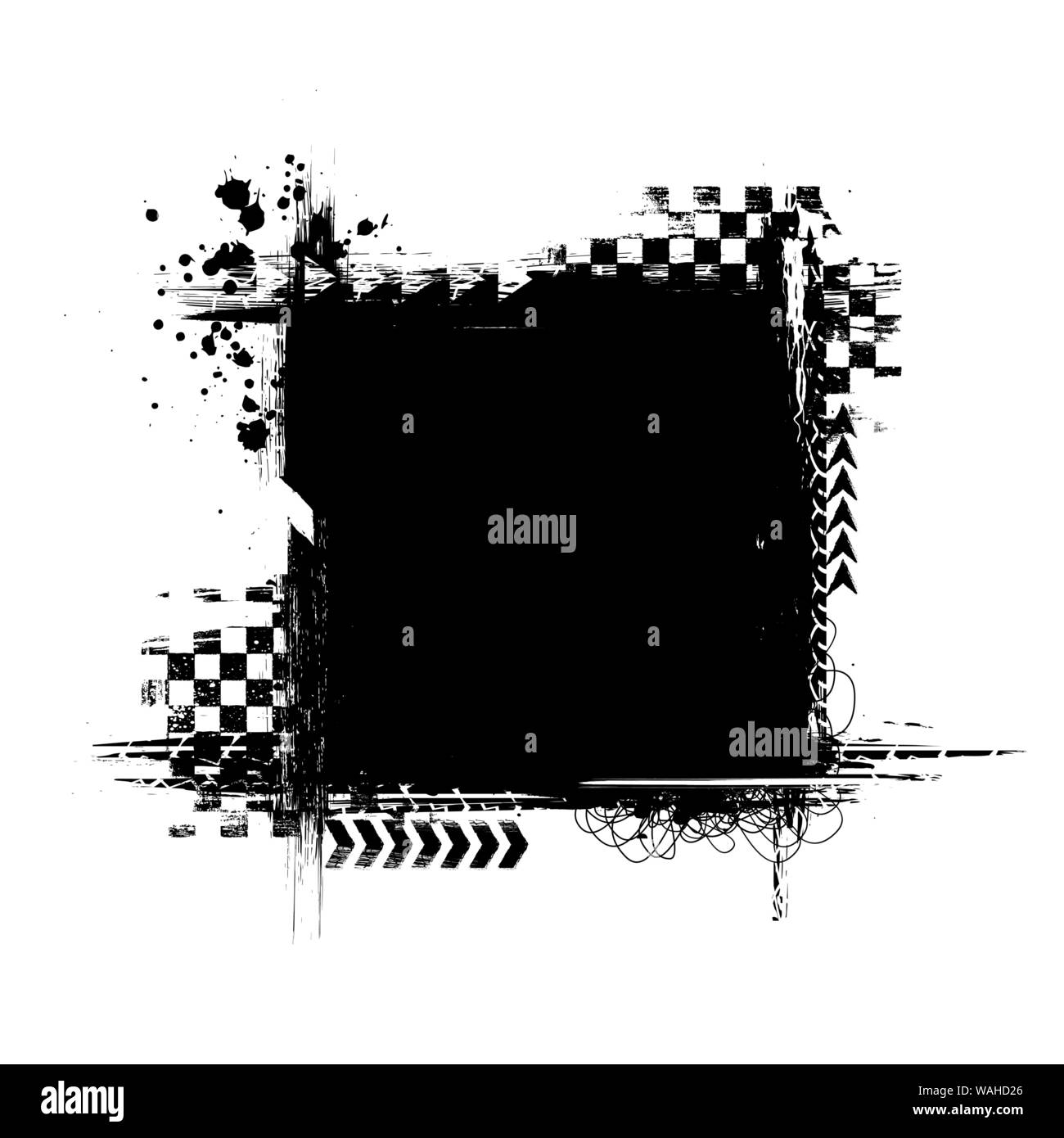 Black grunge race track elements with ink blots squre frame isolated on ...