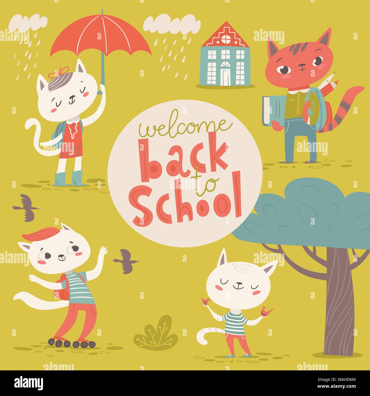 Cool vector flat style welcome back to school designs with cartoon cats ...