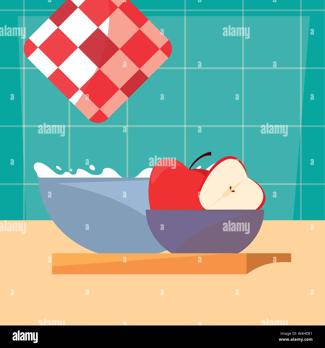 bowl apple cutting board cooking food preparation kitchen wall vector ...