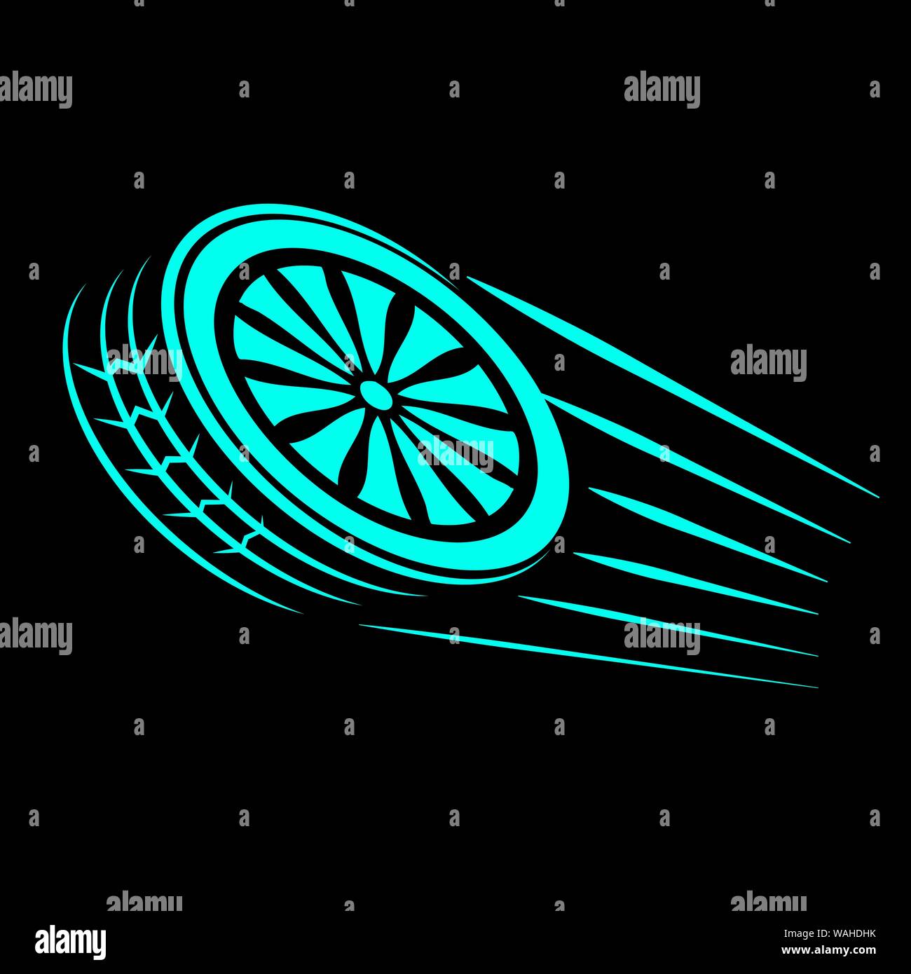 Blue car wheel silhouette with speed track isolated on black background ...