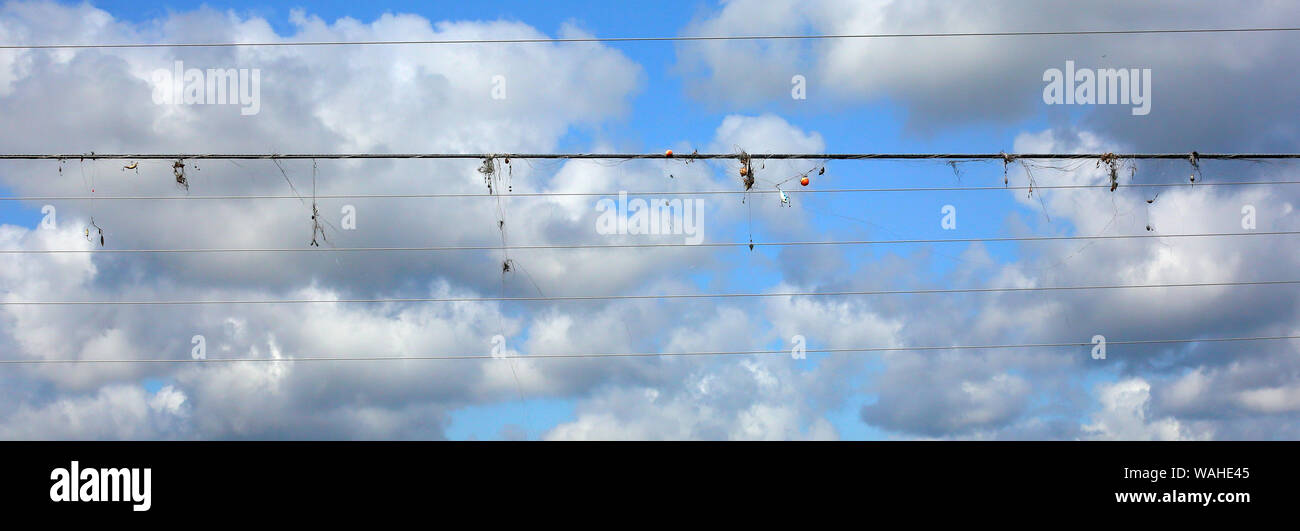 Fishing tackle snagged on power lines Stock Photo - Alamy