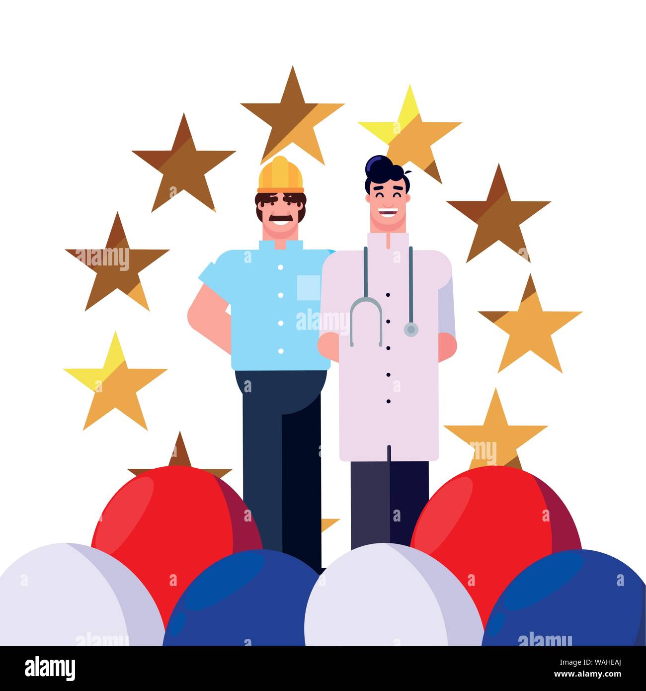 happy labor day - doctor and worker balloons and golden stars vector ...