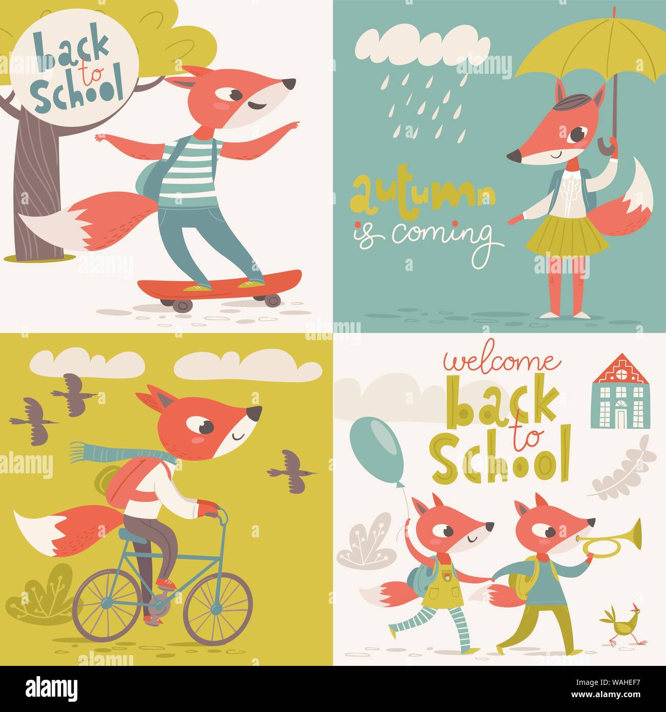 Set of four vector retro style welcome back to school designs with ...