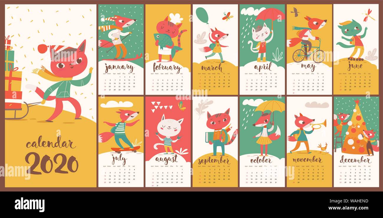 Vector 2020 calendar with funny foxes and cats cartoon characters Stock ...
