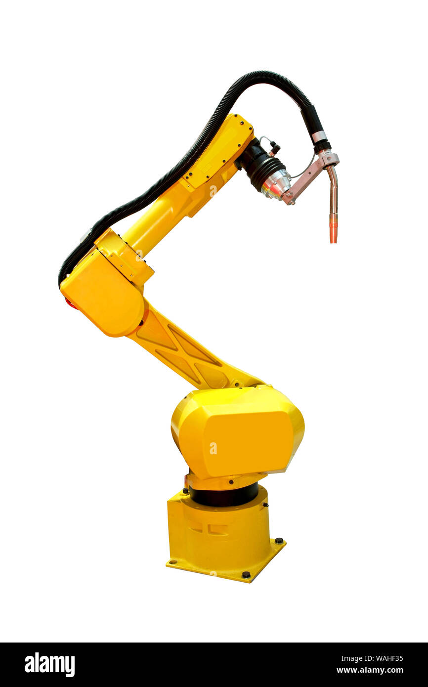 Yellow automatic robot welder for metal industry Stock Photo - Alamy