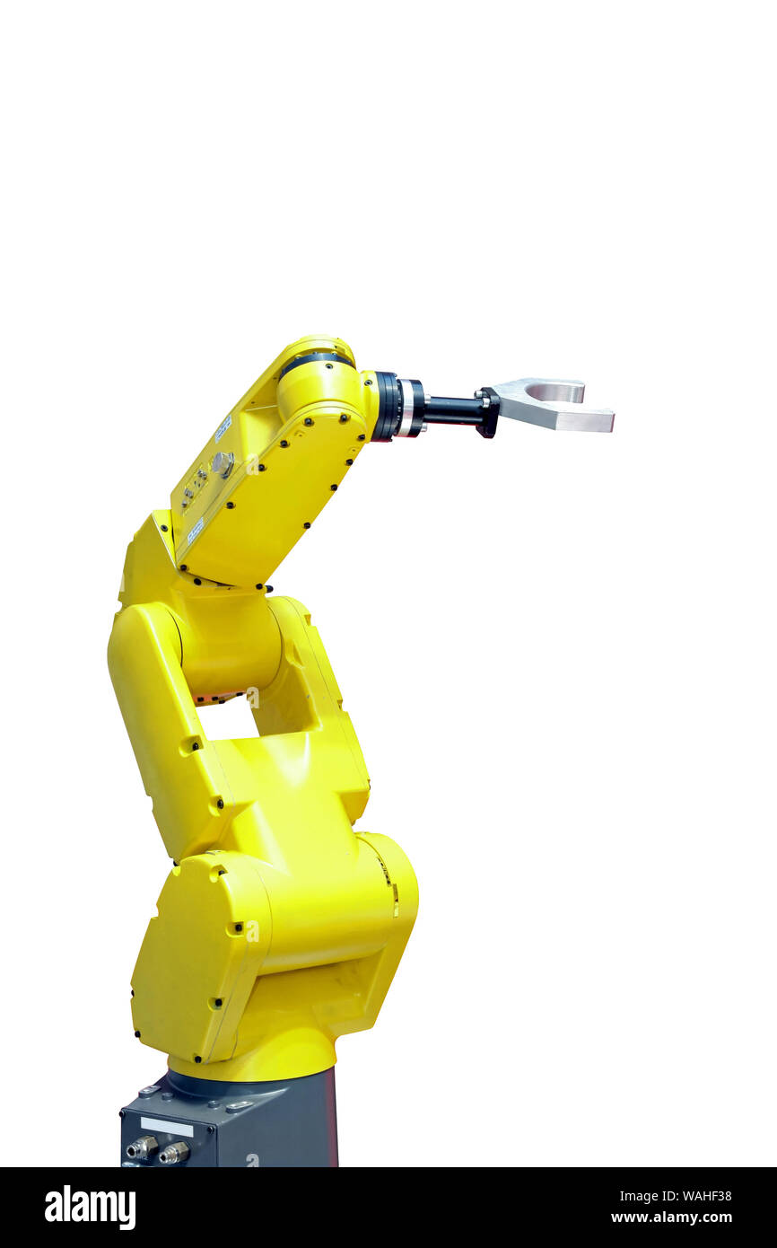Yellow robotic arm for industry isolated on white Stock Photo - Alamy