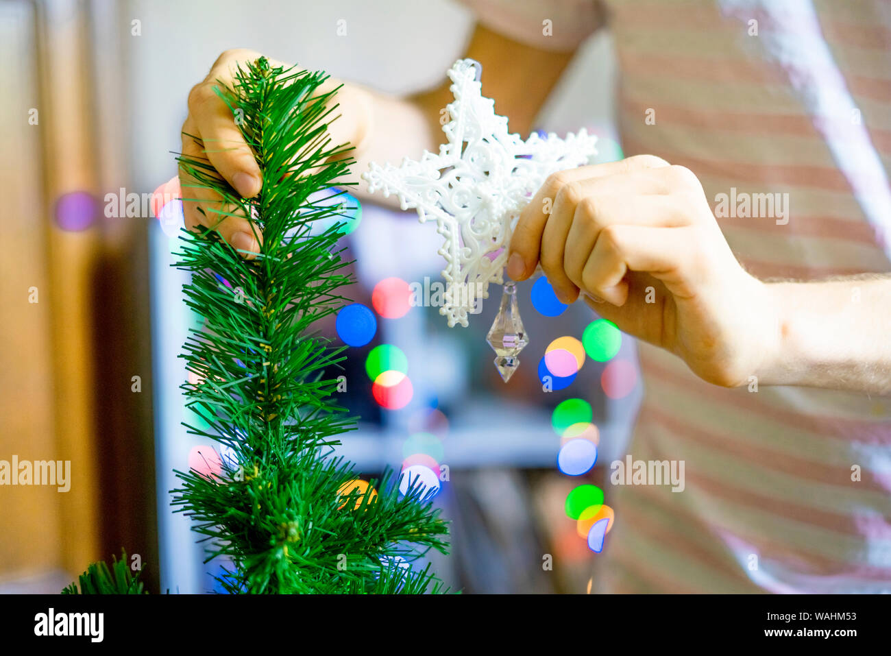 new year eve decorating the gorgeous pine wood tree at home concept f ...