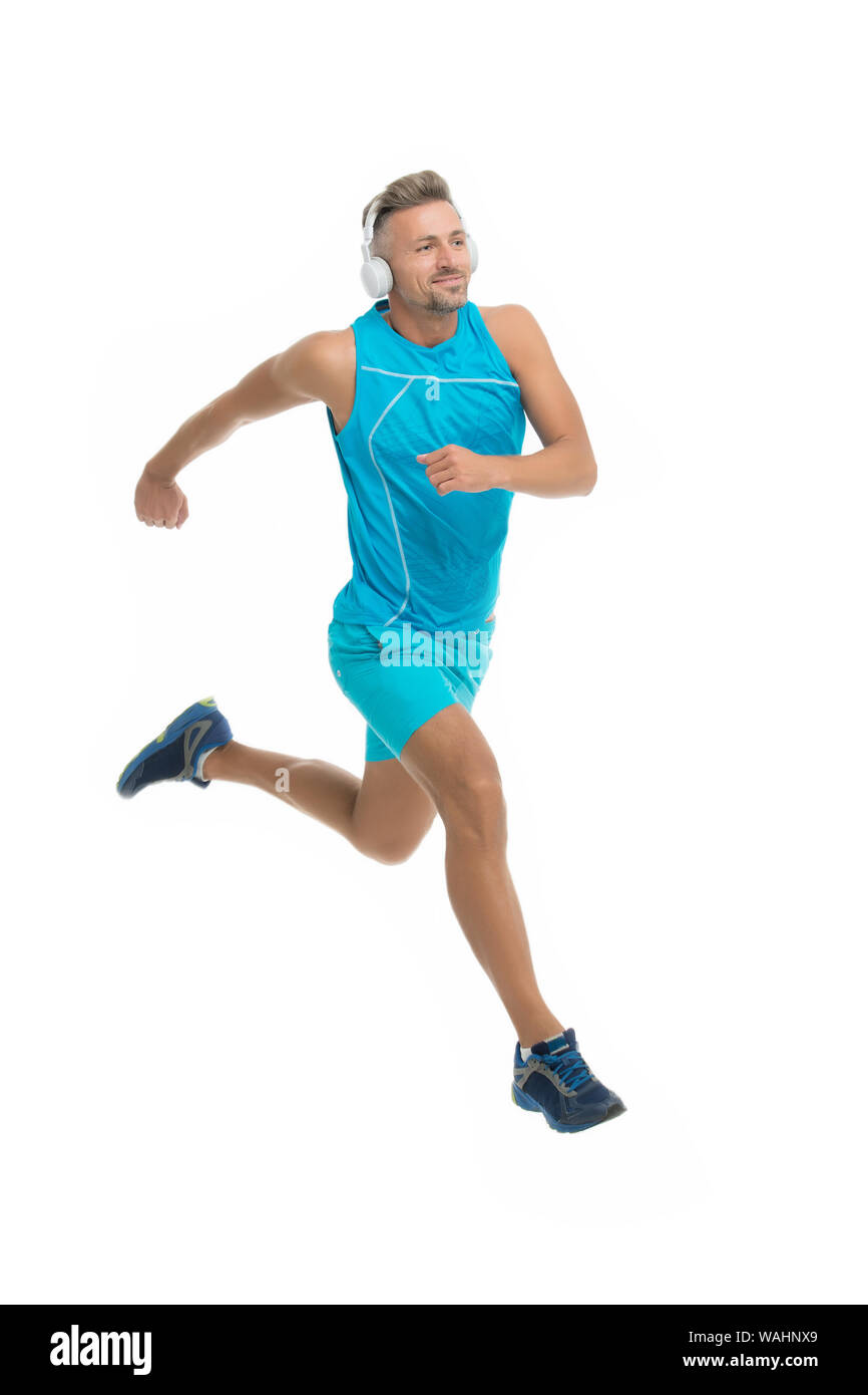 Keep running. Feel the rhythm. Motivational song. Man sportsman running ...