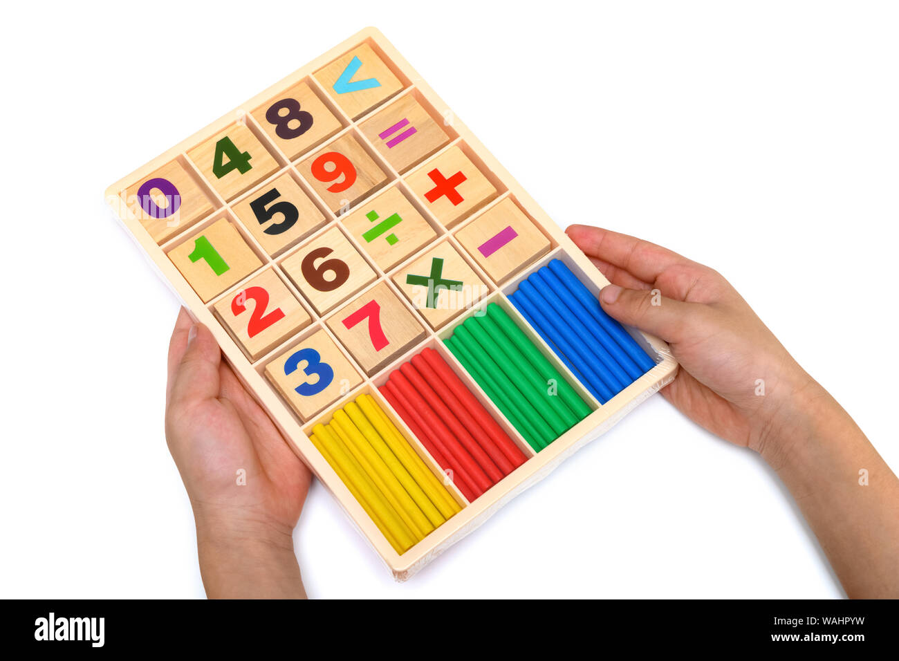 kid holding set of counting rods with number plates on white Stock ...