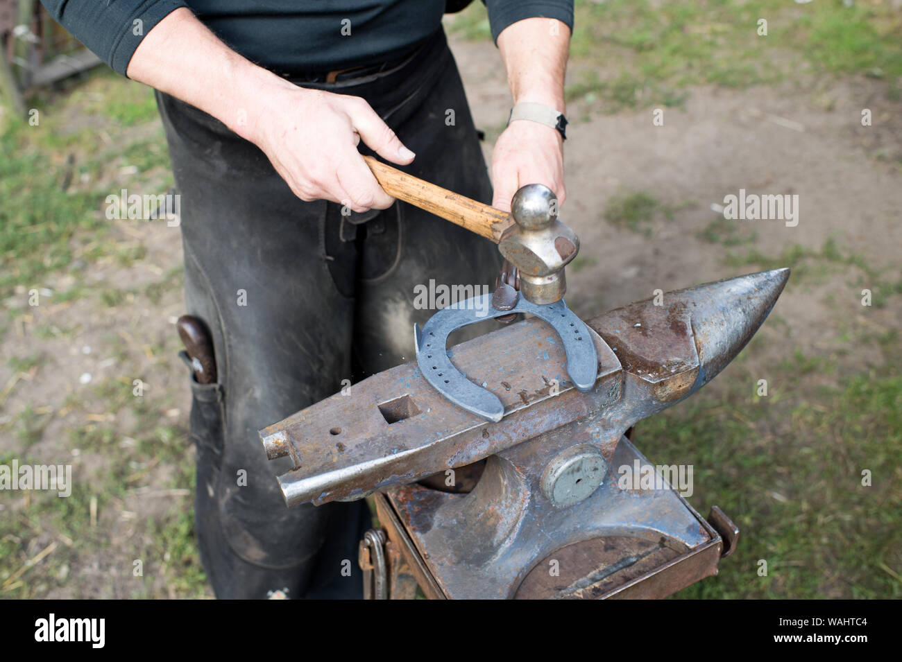 Blacksmith forges horseshoe with hammer on anvil. Ancient craft ...