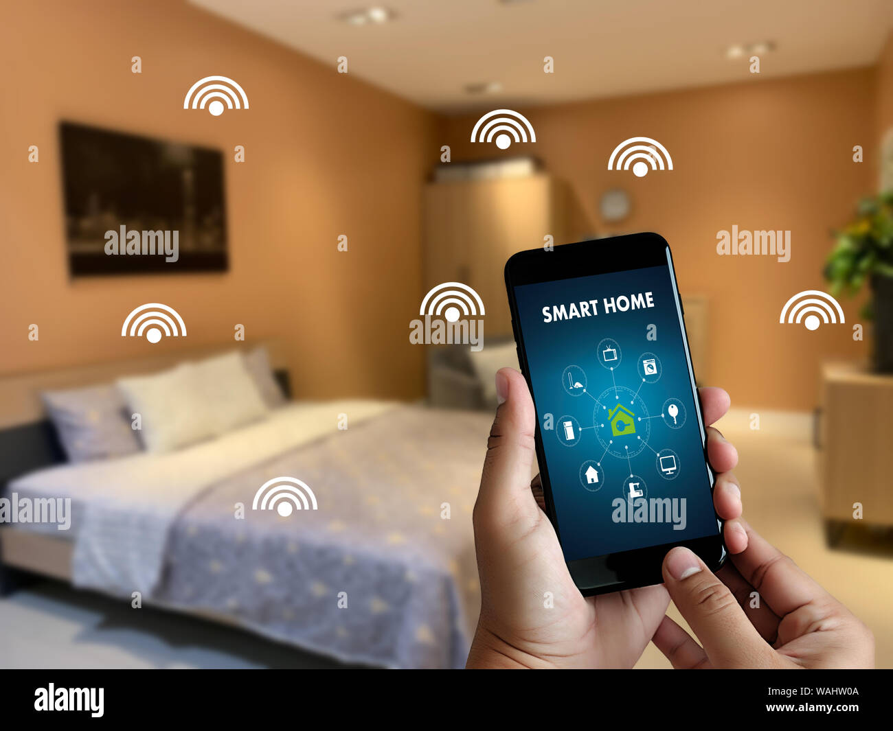 man use mobile phone with smart home app Smart home augmented reality ...