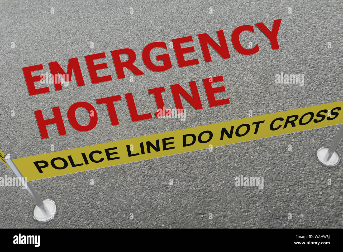 3D illustration of EMERGENCY HOTLINE title on the ground in a police ...