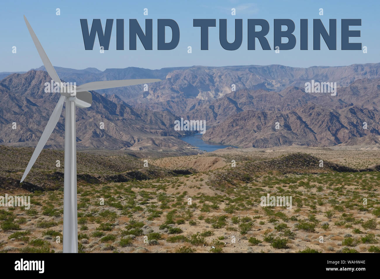 3D illustration of WIND TURBINE title on clear sky as a background ...