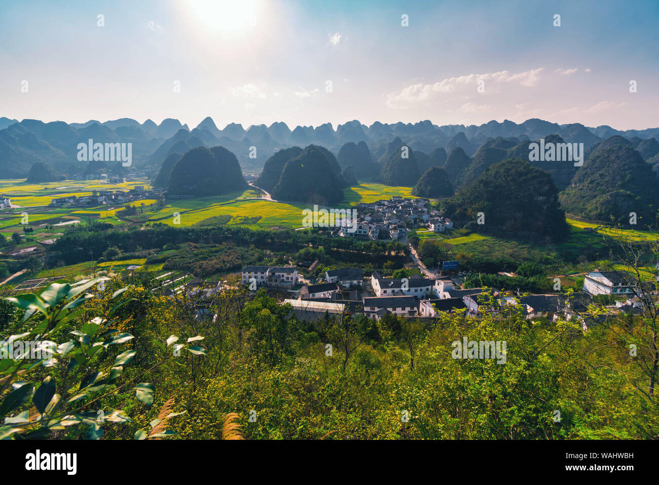 Rapeseed flower field and villages at Wanfenglin National Geological ...