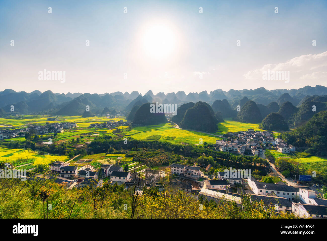 Rapeseed flower field and villages at Wanfenglin National Geological ...