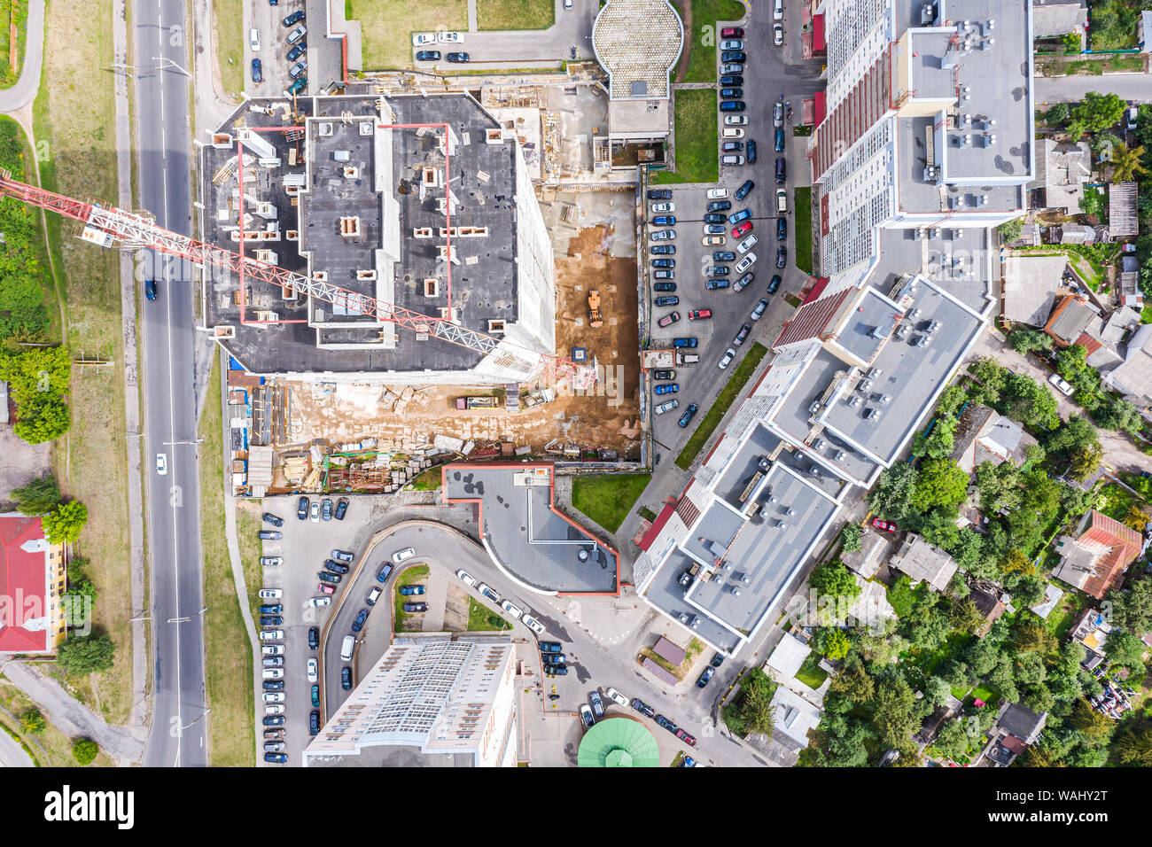 aerial top view of city construction site. building of new residential ...