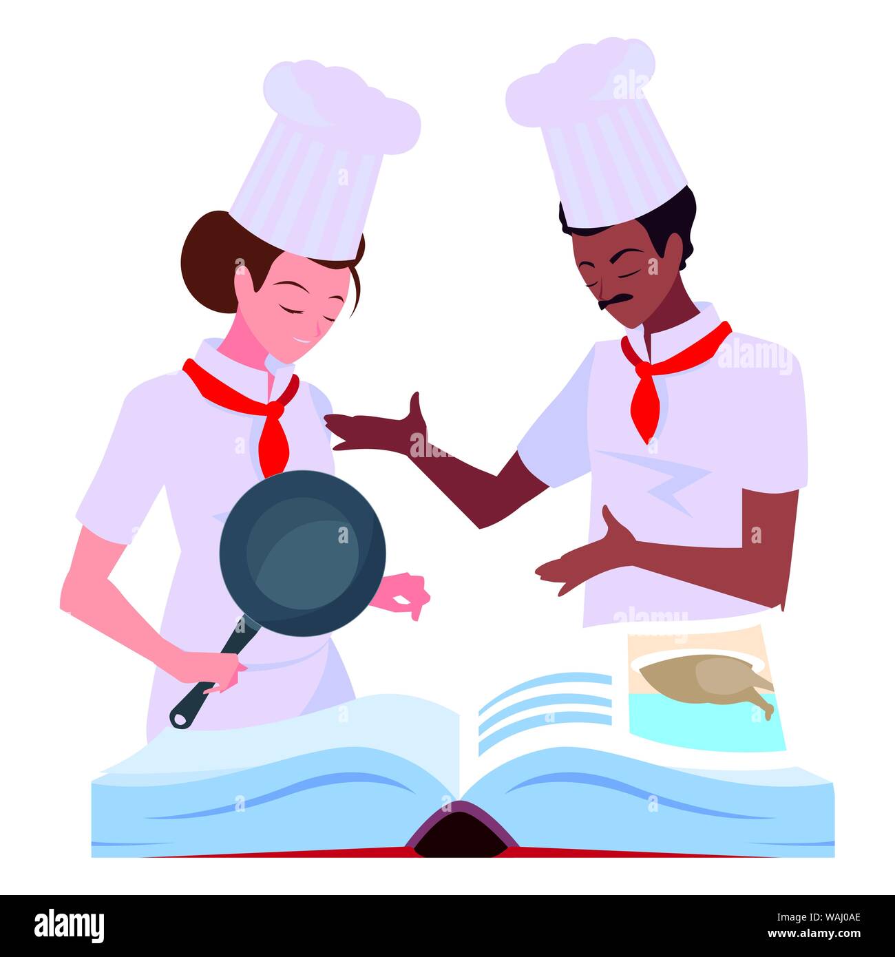 woman and man chef pan recipe book cooking vector illustration Stock ...