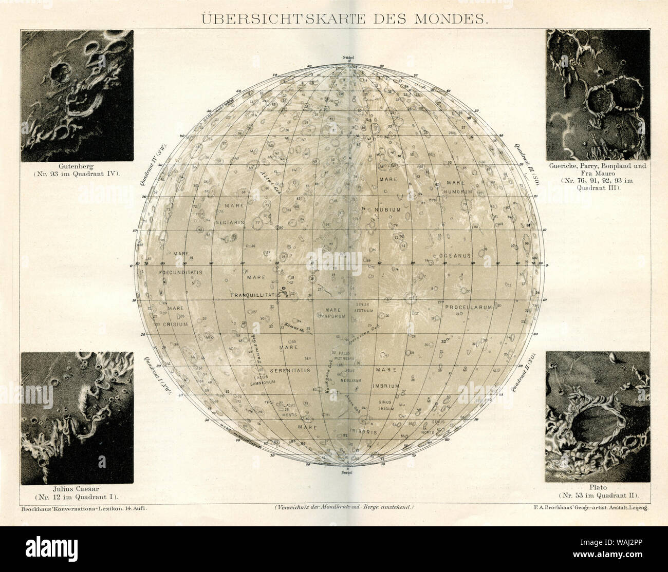 General map of the moon with moon craters , (encyclopedia, 1898 Stock ...