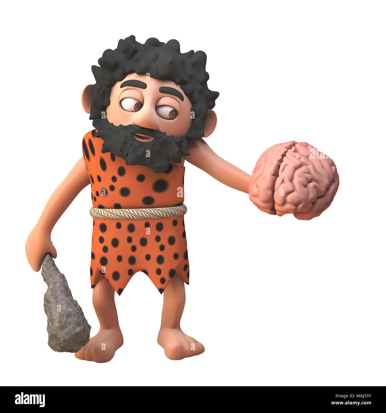 3d prehistoric caveman character holding a human brain and club, 3d ...