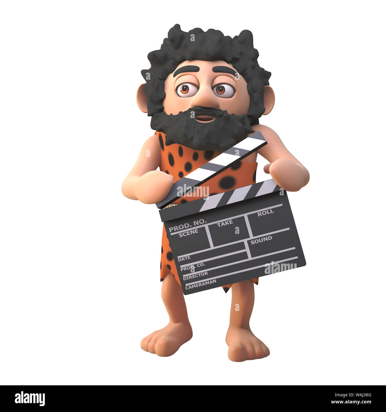3d funny cartoon prehistoric caveman character holding a film slate ...