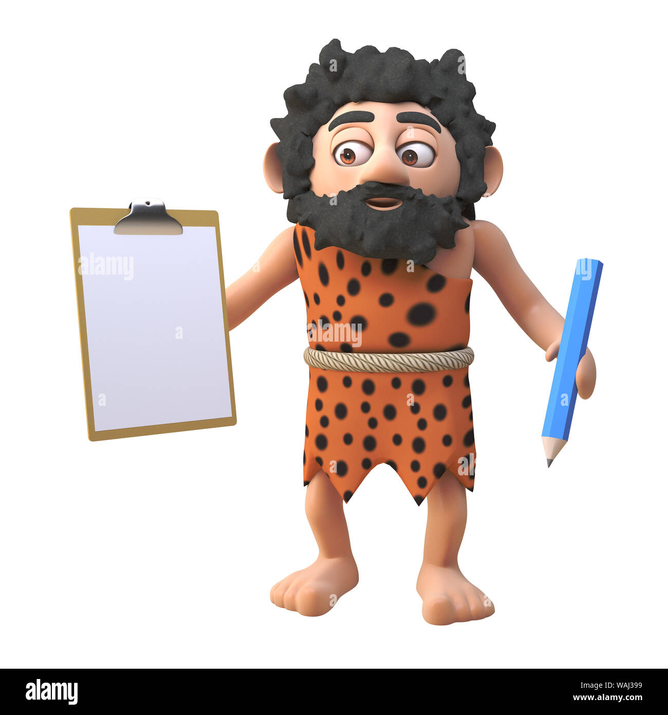 Funny 3d cartoon prehistoric caveman holding a clipboard and pencil, 3d ...