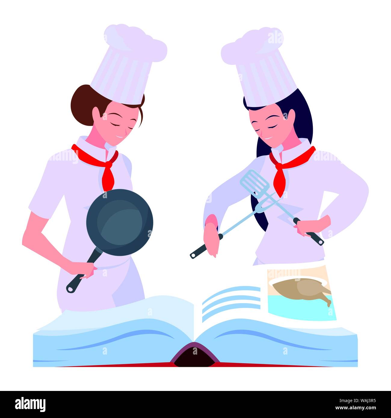 women characters chef recipe book pan and stove cooking vector ...
